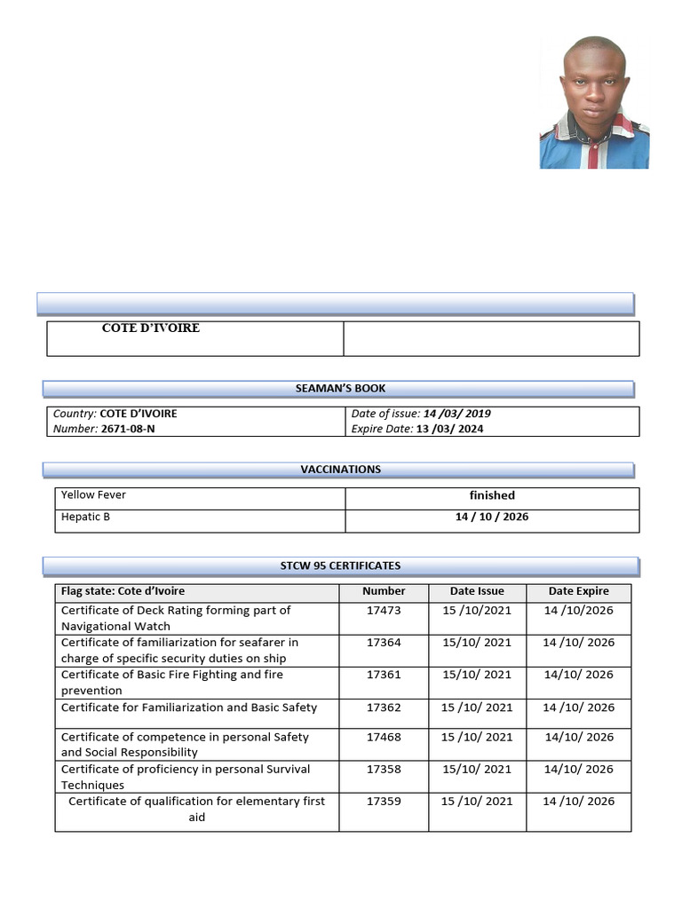 CV Maritime Akoumia Koffi Gerard Platf | PDF | Sailor | Watercraft