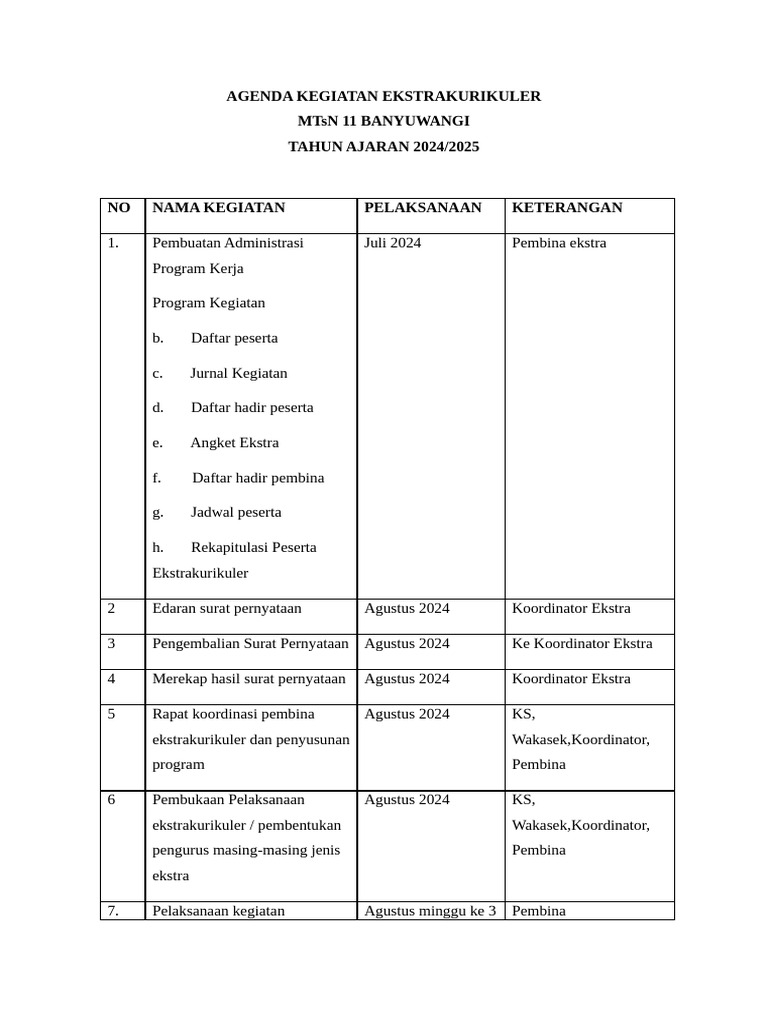 Agenda Kegiatan Ekstrakurikuler | PDF