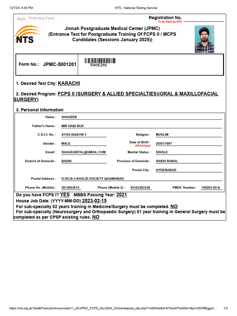 JPMC FCPS II Entrance Test Registration | PDF | Fee | Payments