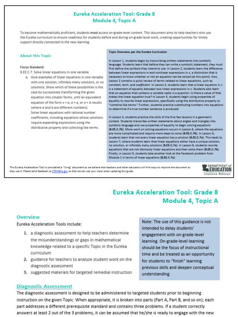 Eureka Acceleration Grade 8 Module 4 Topic A | PDF | Educational Assessment | Equations