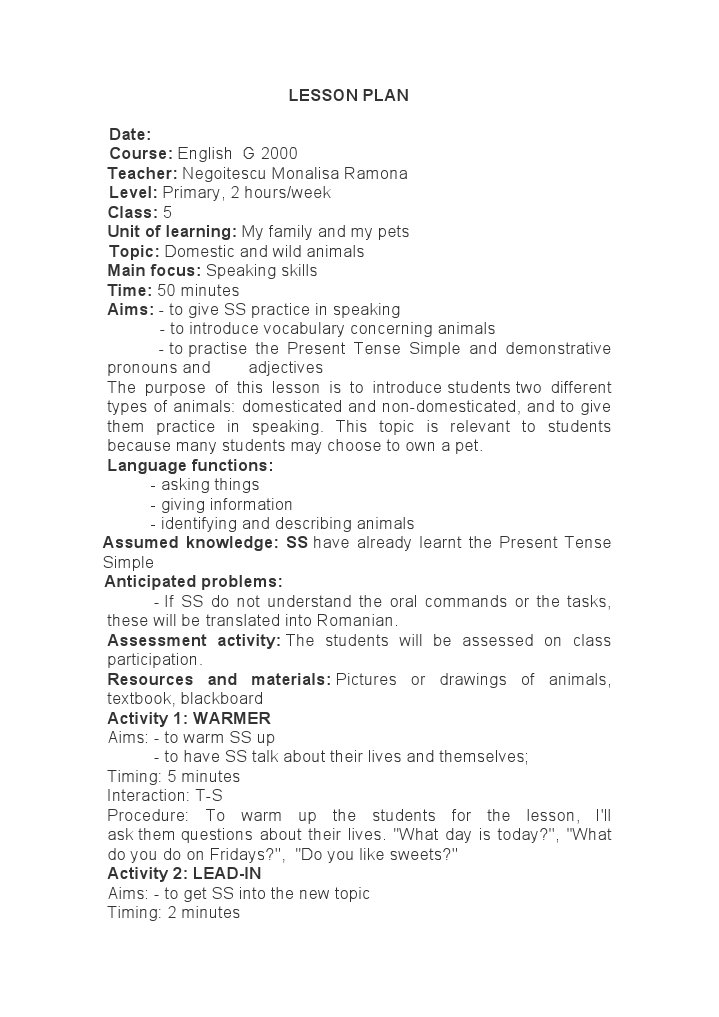 Domestic Animals Lesson Plan for Kids | PDF | Lesson Plan | Teaching