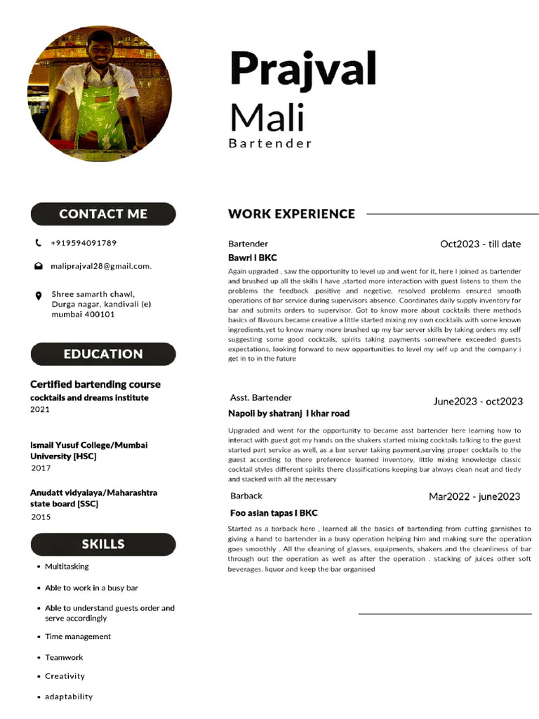 new prajval mali CV | PDF | Bartender | Bartending