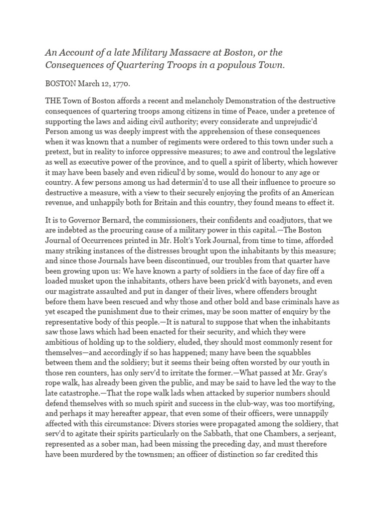 An Account of a late Military Massacre at Boston, or the Consequences ...