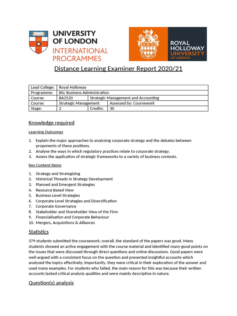 BA2520 Coursework Examiner Report 2021 | PDF