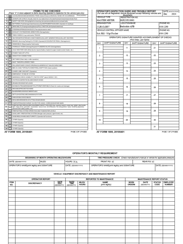 AF Form 1800 Inspection Checklist | PDF | Vehicles | Manufactured Goods