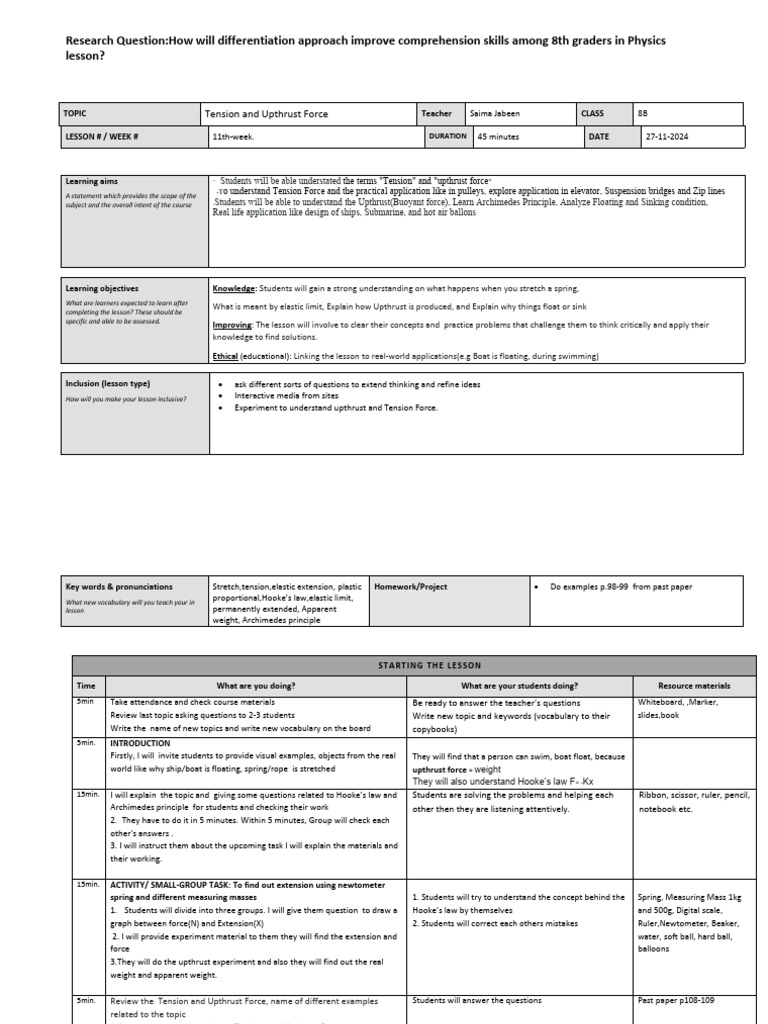 Physics Lesson Plan 8bdocx | PDF | Buoyancy | Force