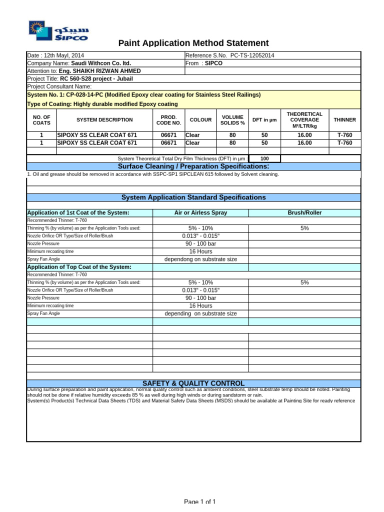 Method Statement For Sipoxy SS Clear 671 Application (RC 560-S28 Project) 12-05-14 | PDF | Paint ...
