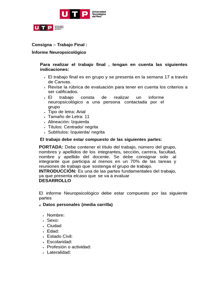 ? (AC-S18) Semana 18 - Consigna - Trabajo Final - INFORME NEUROLOGICO - Neuropsicologia | PDF ...