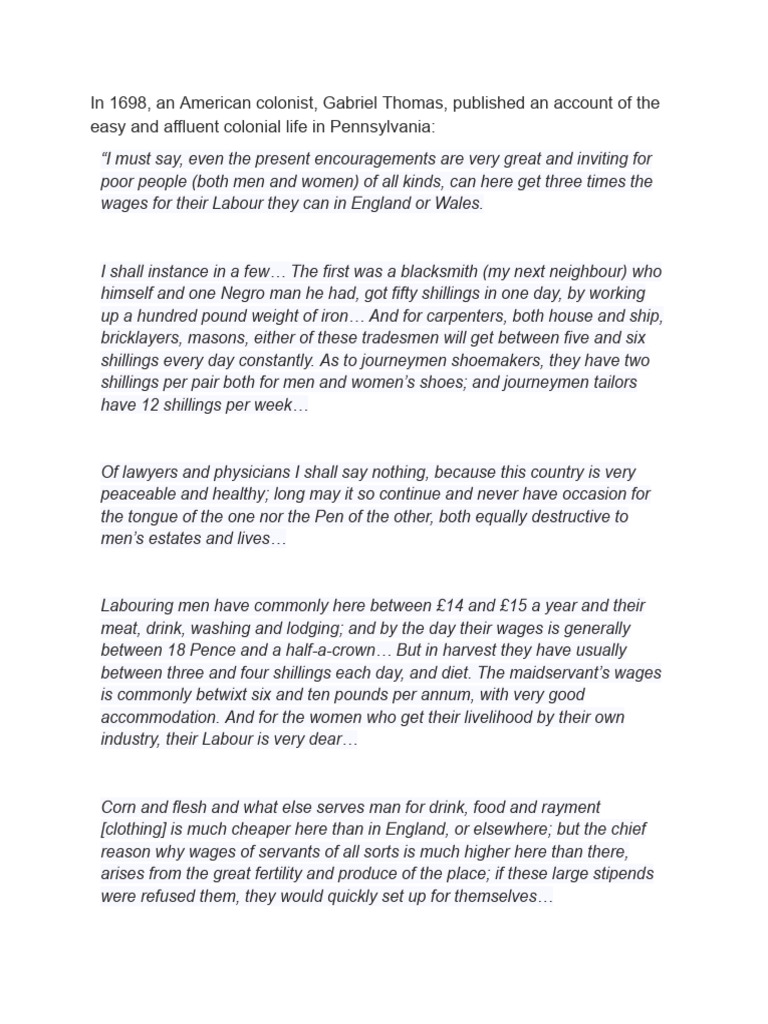 Gabriel Thomas On Colonial Life in Pennsylvania (1698) | PDF