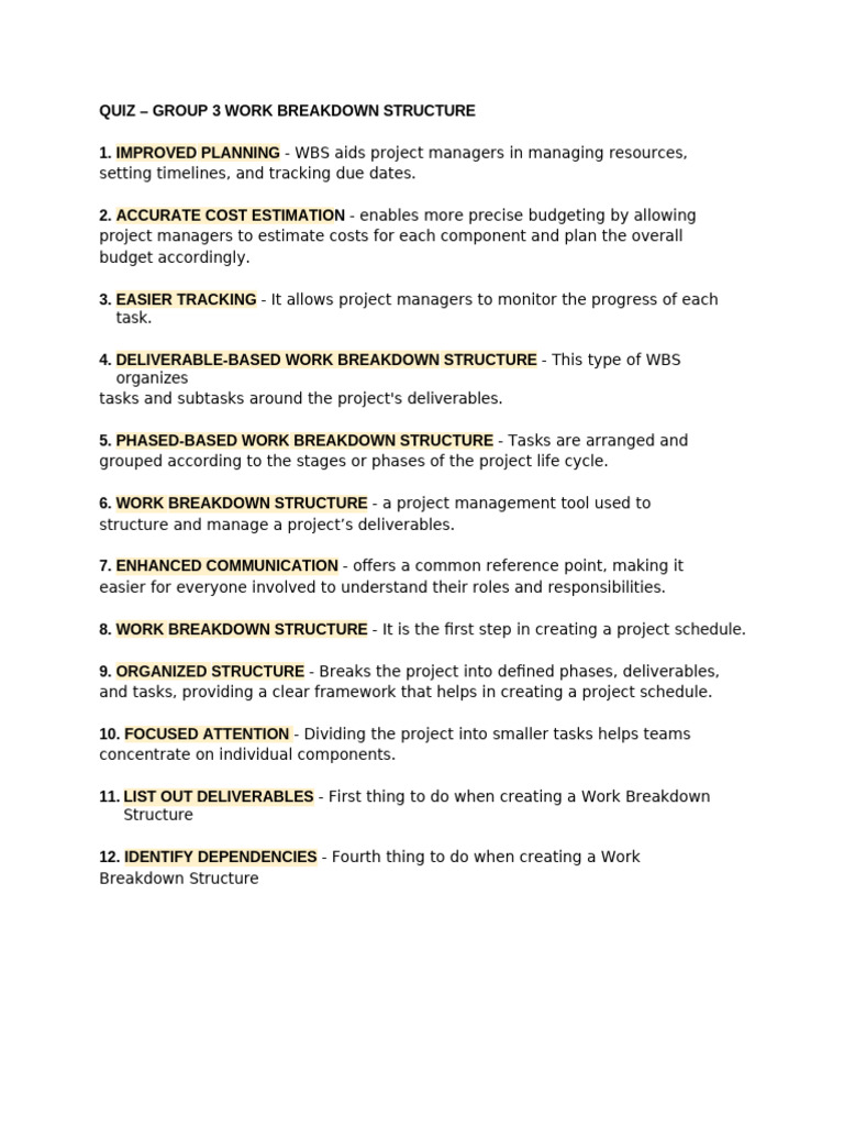 Quiz Group 3 Work Breakdown Structure | PDF | Project Management | Systems Engineering