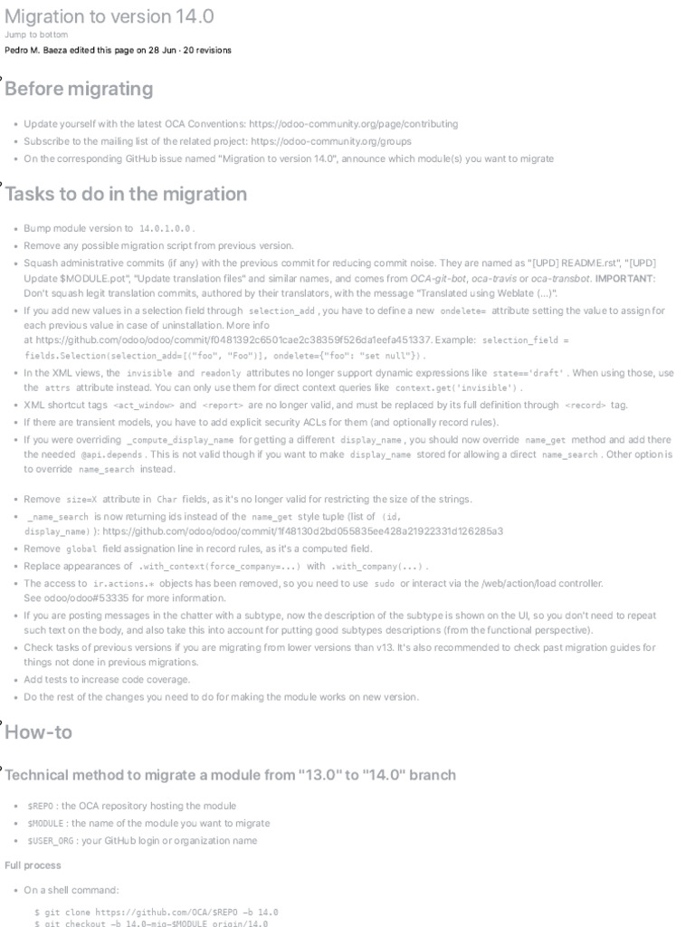 Migration To Version 14.0 - OCA - Maintainer-Tools Wiki | PDF | Computer Science | Computing