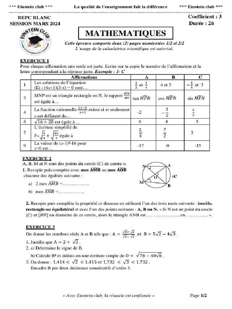 Bepc Blanc 2024 Mathematiques Club Einstein Mars 2024 | PDF