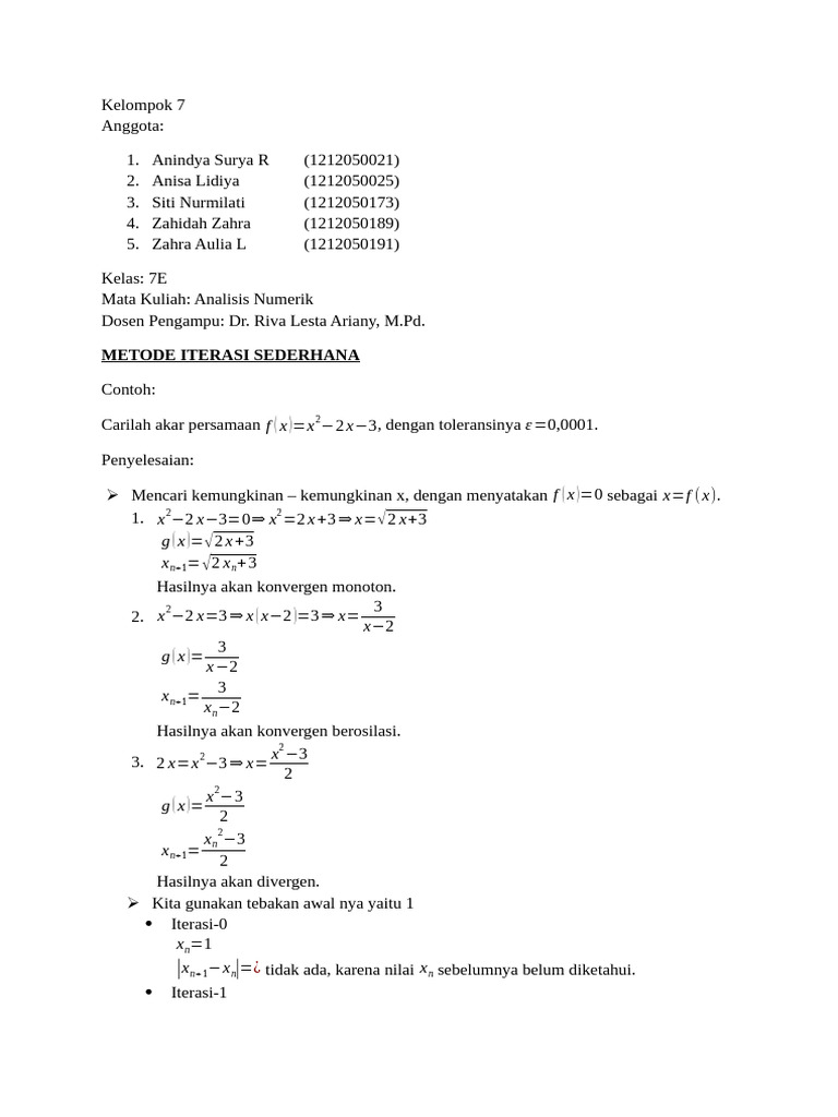 Metode Iterasi Sederhana Analisis Numerik | PDF