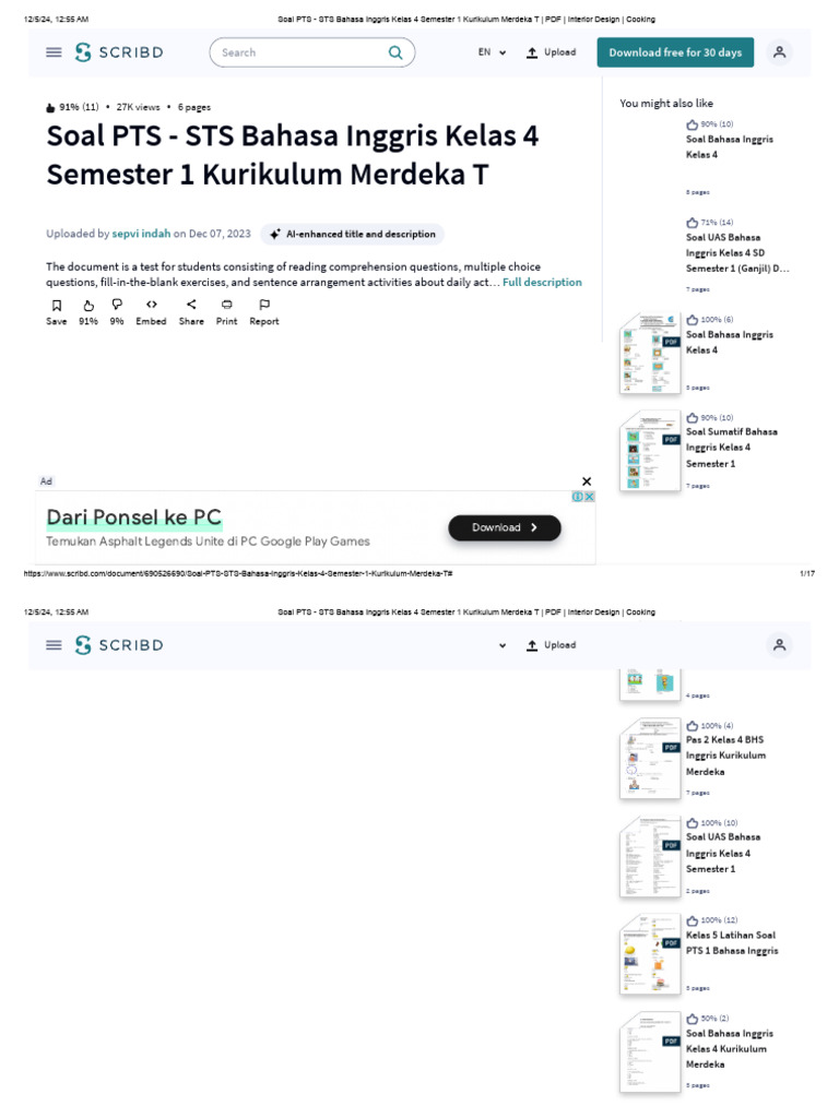 Soal PTS - STS Bahasa Inggris Kelas 4 Semester 1 Kurikulum Merdeka T _ PDF _ Interior Design ...