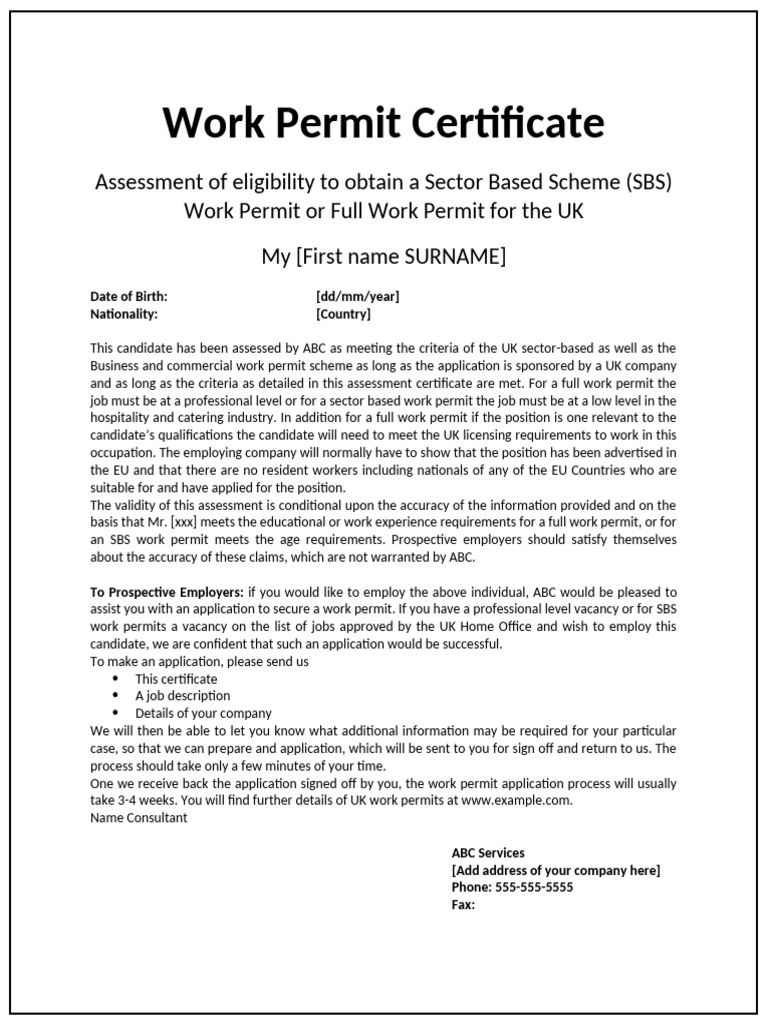 Work Permit Certificate Template | PDF