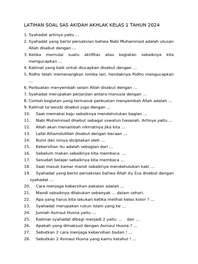 Latihan Soal Sas Akidah Akhlak Kelas 1 Tahun 2024 | PDF