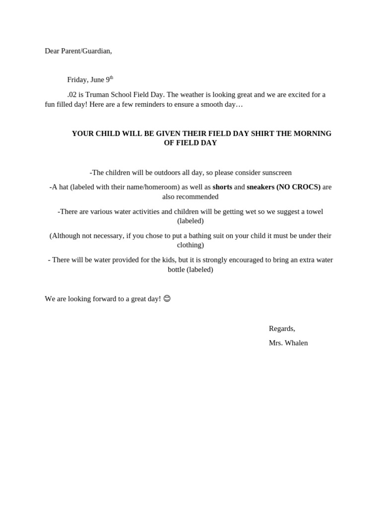 Field Day Reminder for Parents | PDF