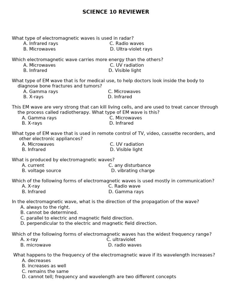SCIENCE 10 REVIEWER | PDF | Electromagnetic Radiation | Electromagnetic ...