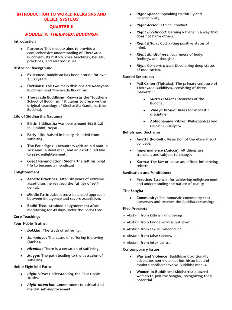 Intro To World Religion - Handout - Q2 - Module 9 13 | PDF | Four Noble Truths | Mahayana