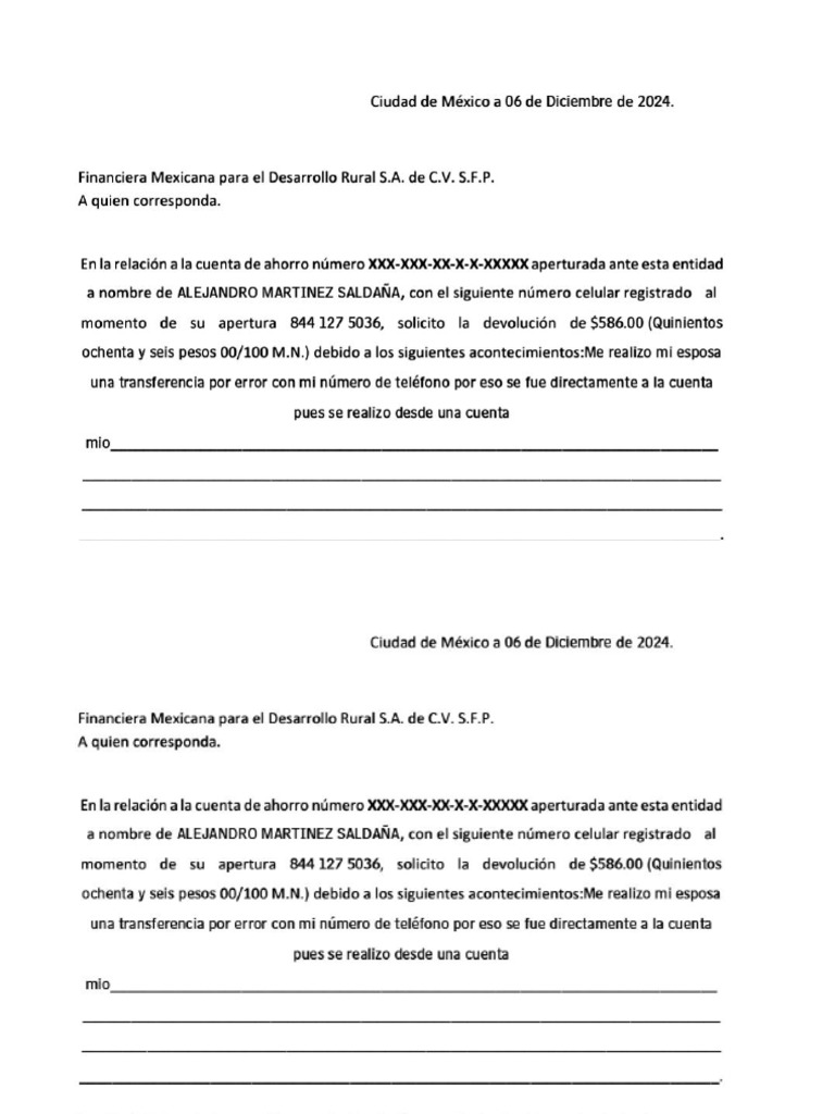 CARTA DE DEVOLUCIÓN | PDF