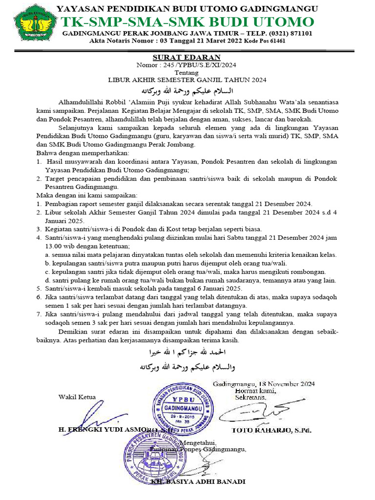 Surat Edaran Libur Smester Ganjil 2024 Revisi | PDF