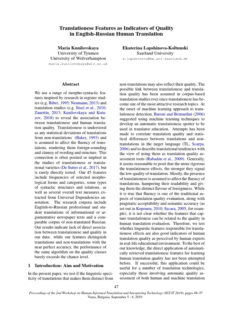 Translationese Features As Indicators of | PDF | Statistical Classification | Translations