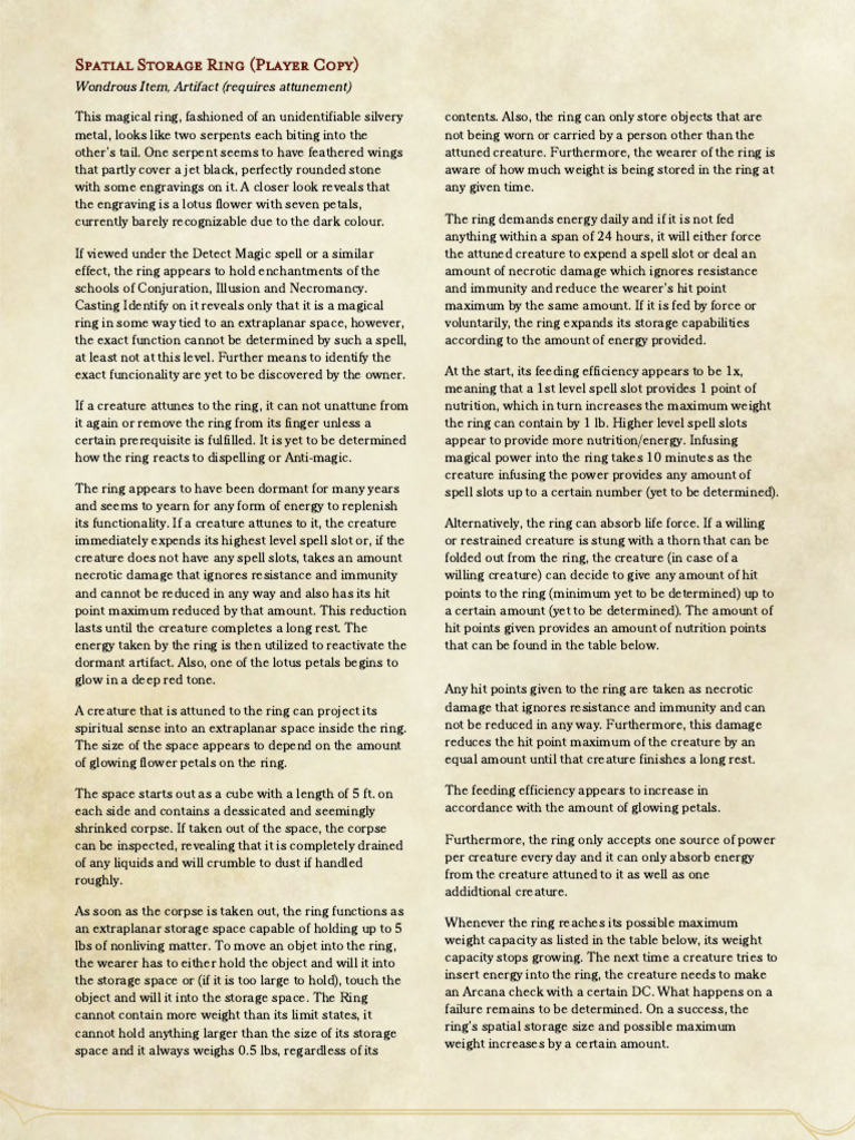DND Spatial Storage Ring (Player Copy) | PDF
