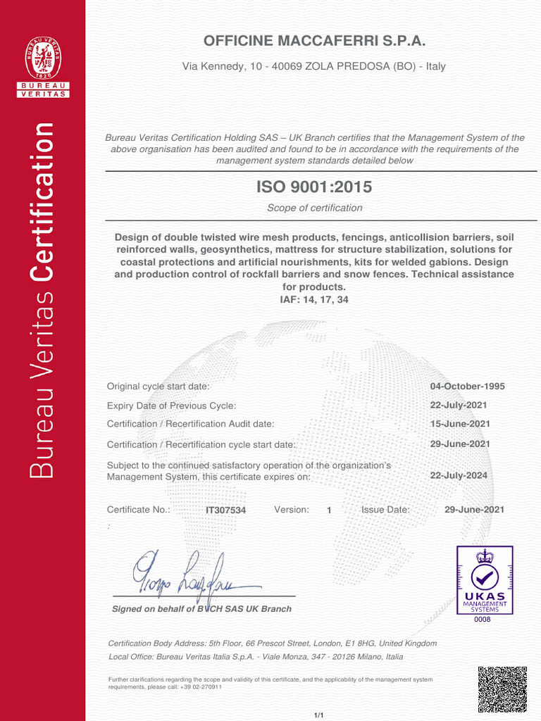 Maccaferri-ISO-9001 Vers 2015 - Eng - 27.10.2021 - 14.11.2024 | PDF