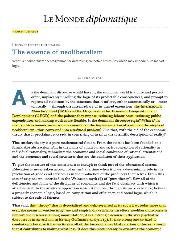 BOURDIEU, Pierre, 1998 - The Essence of Neoliberalism | PDF | Employment | Neoliberalism