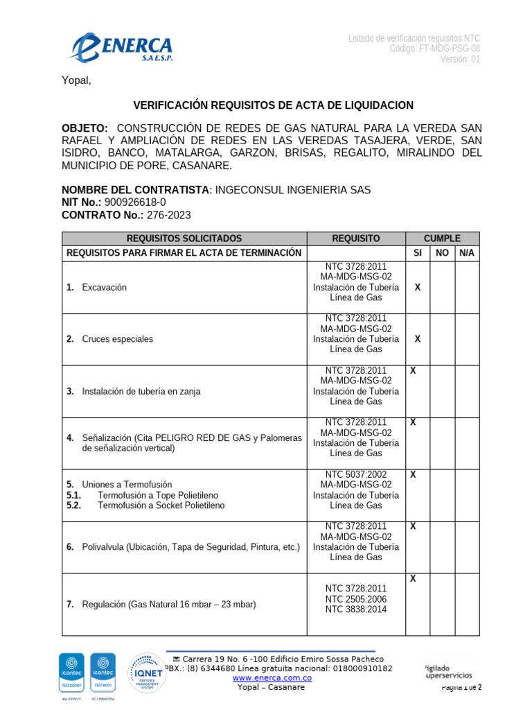 FT-MDG-PSG-08 Listado de Verificación Requisitos NTC | PDF