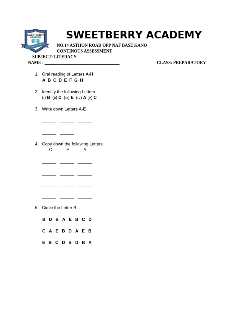 Literacy Assessment For Preparatory Class Pdf