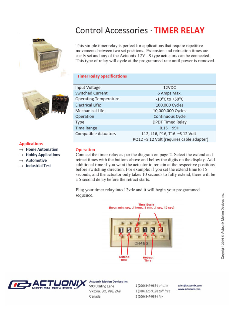 Actuonix Timer Relay Datasheet | PDF | Relay | Electrical Engineering