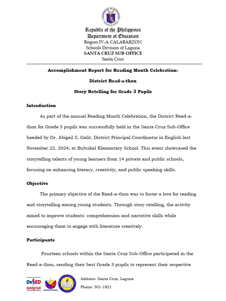 Grade 3 Read-a-thon Accomplishment Report | PDF | Learning | Behavior ...