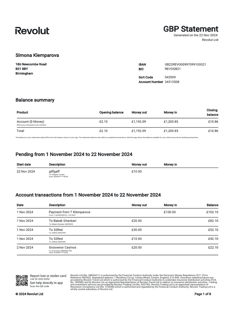 Account Statement - 2024 11 01 - 2024 11 22 - en GB - A28c8f | PDF ...