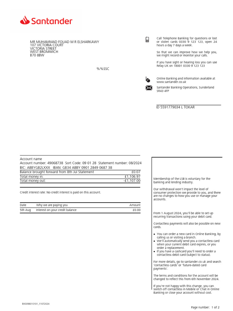 Santander Basic Account Statement Summary | PDF | Overdraft | Banks