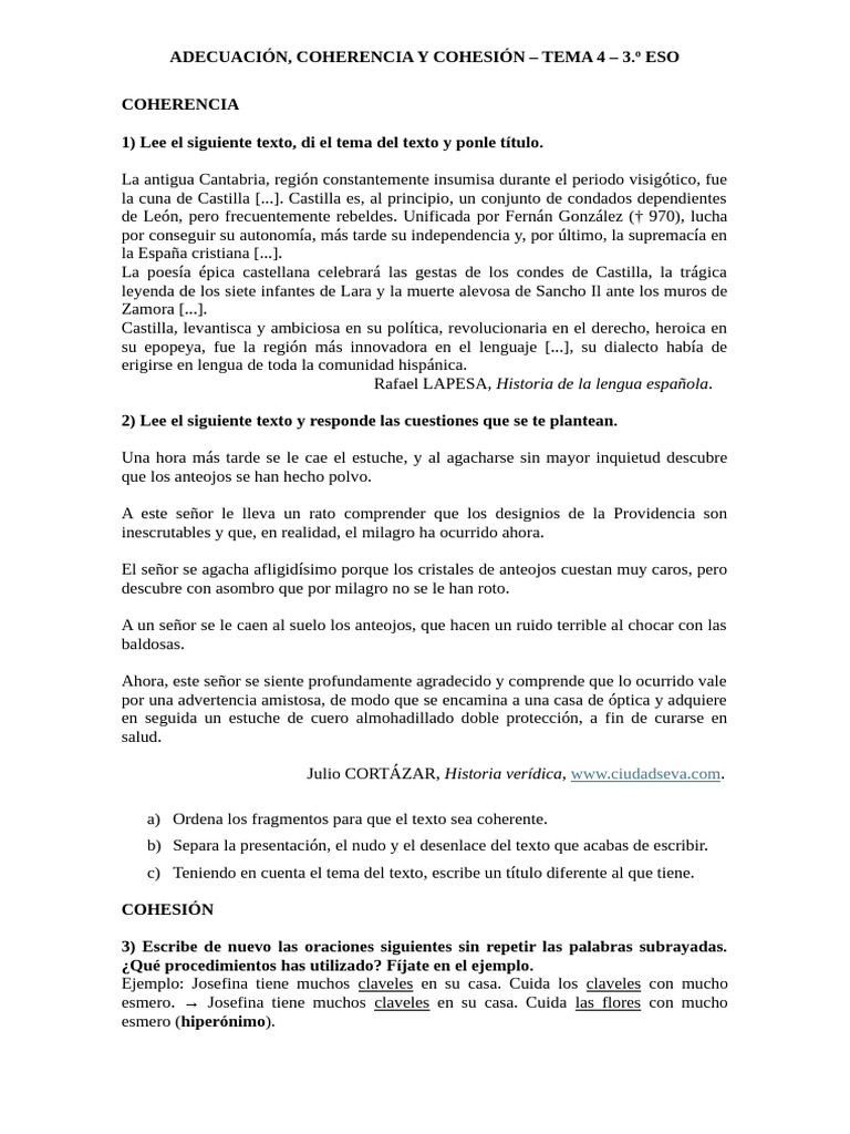Ejercicios 3.º ESO Adecuación, Coherencia y Cohesión | PDF | Alma