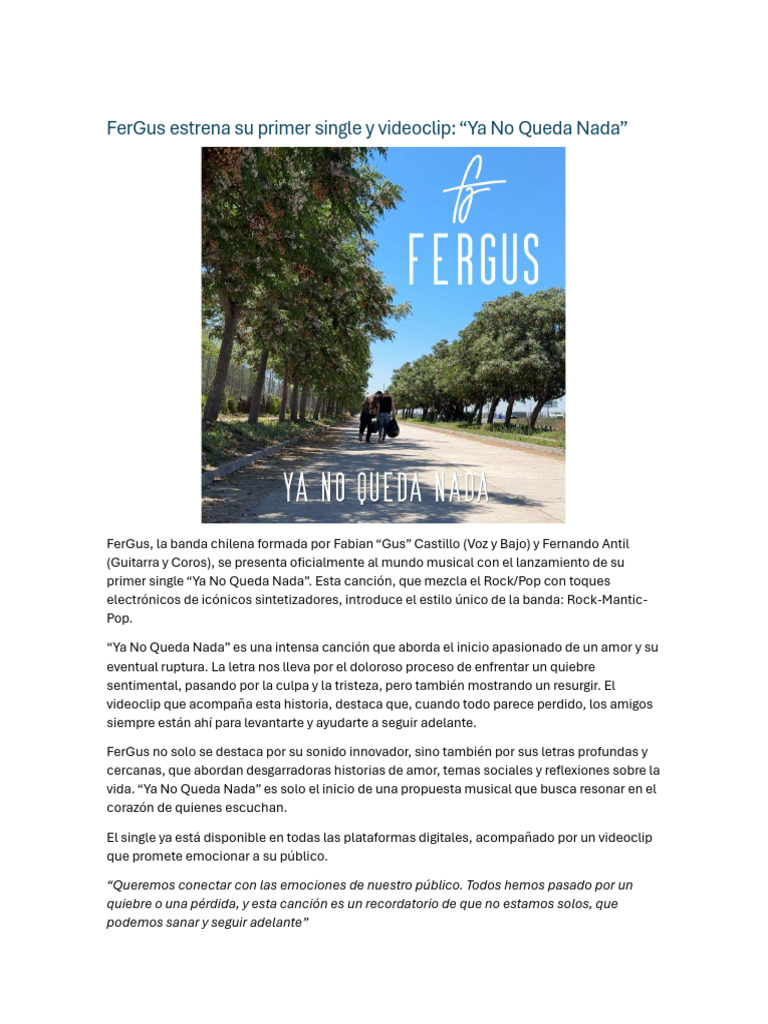 FerGus Estrena Su Primer Single y Videoclip | PDF