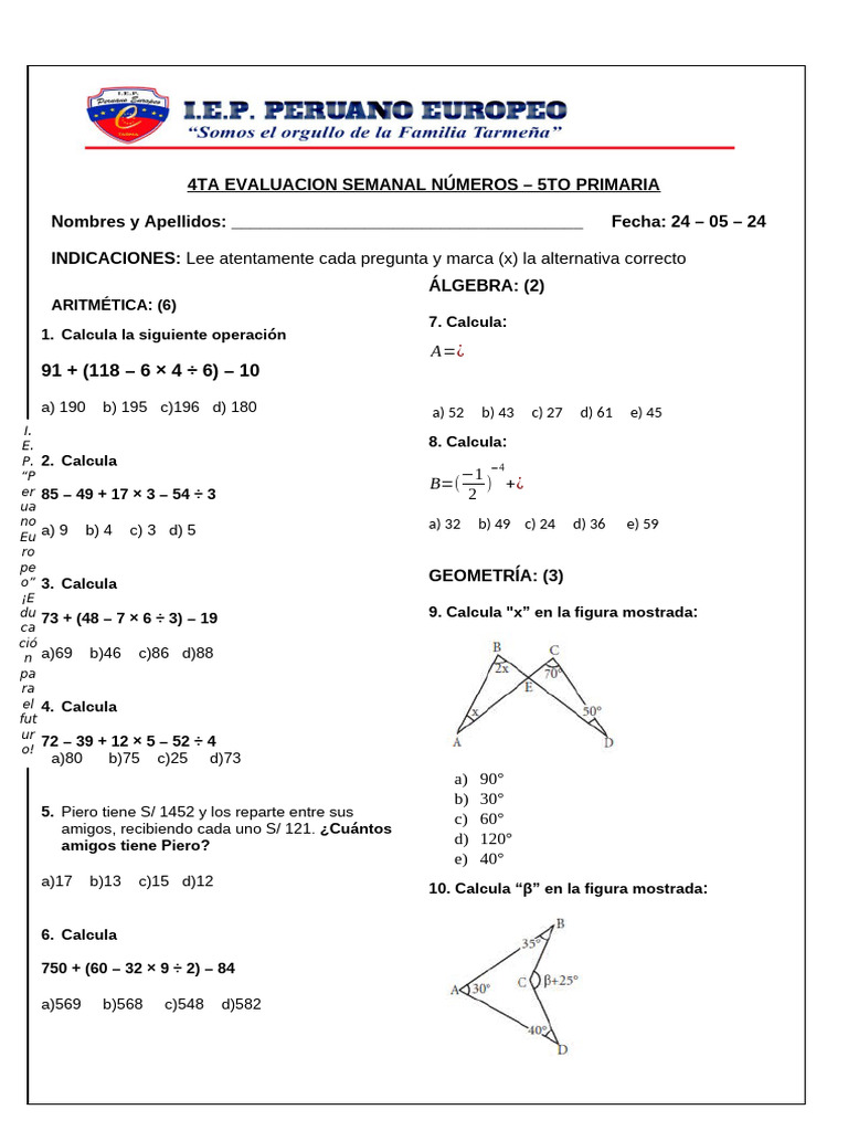 Evaluación Matemática 5to Primaria | PDF