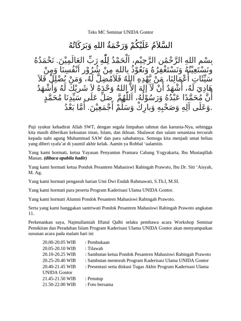 Teks MC Seminar Pemikiran Islam Gontor | PDF