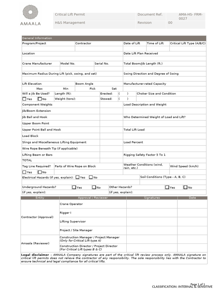 AMA-HS-FRM-0027 Critical Lift Permit - 00 | PDF | Crane (Machine)