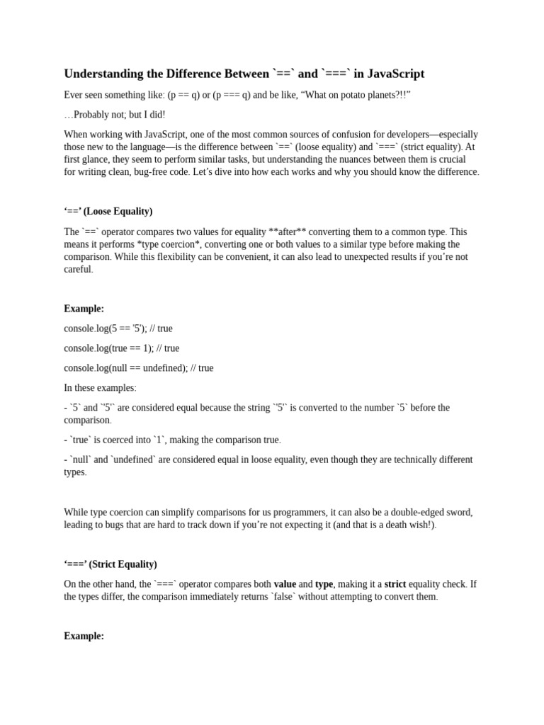 JavaScript Equality: == vs === Explained | PDF | Boolean Data Type ...