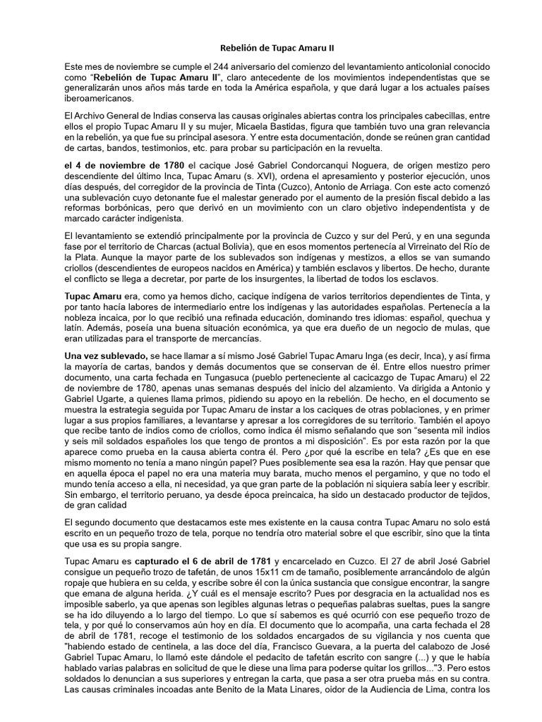 Rebelión de Tupac Amaru II: Historia y Causas | PDF | Antiguas colonias ...