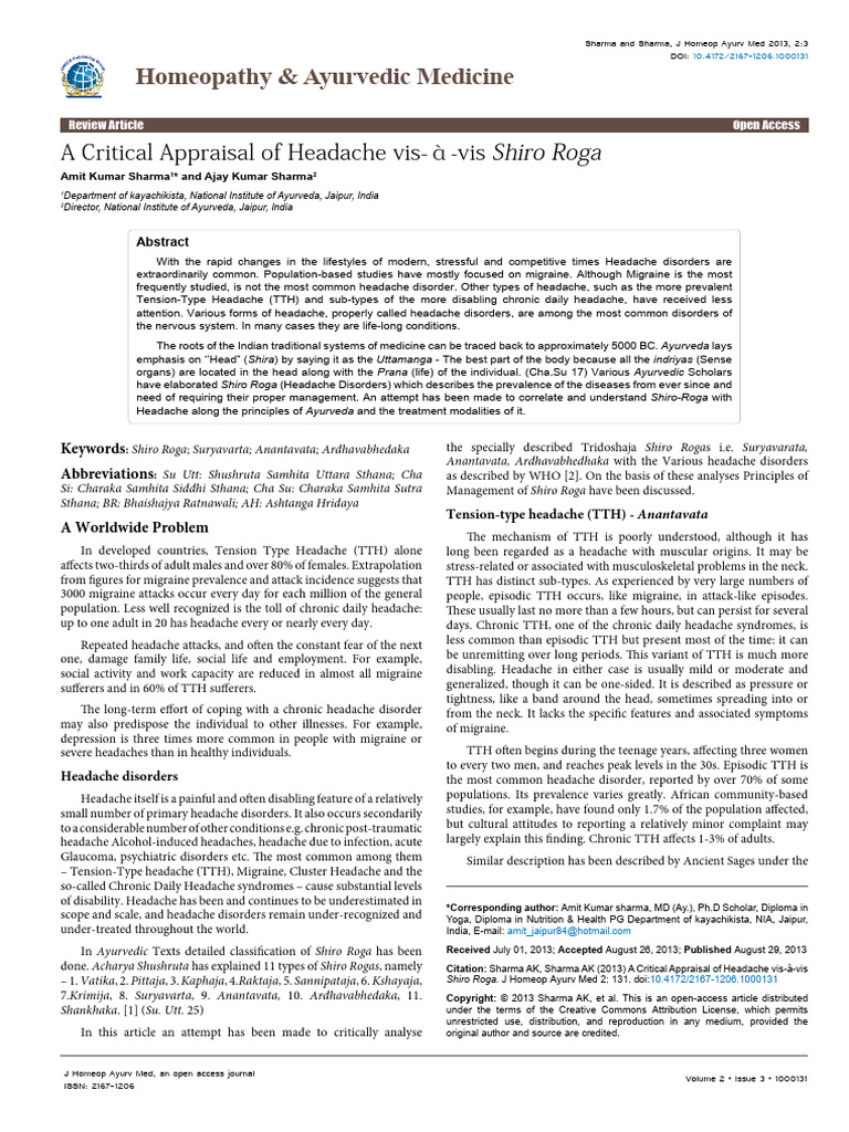 A Critical Appraisal of Headache vis-à-vis Shiro Roga | PDF | Headache | Migraine