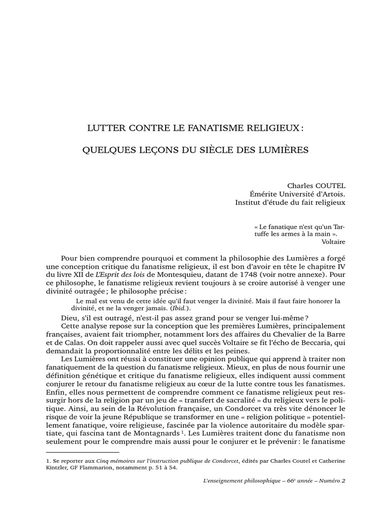 Le Fanatisme Religieux et les Lumières | PDF | Voltaire | Raison
