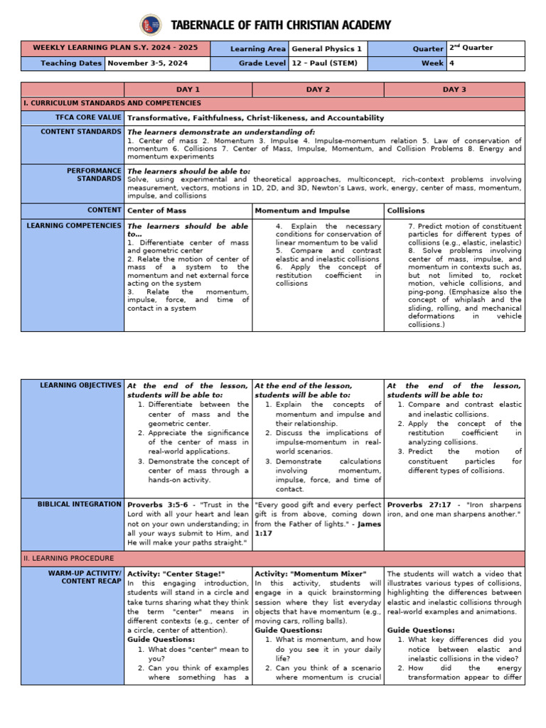 Weekly Learning Plan Sy 2024-2025 (Physics 1 Week 4) | PDF | Momentum ...