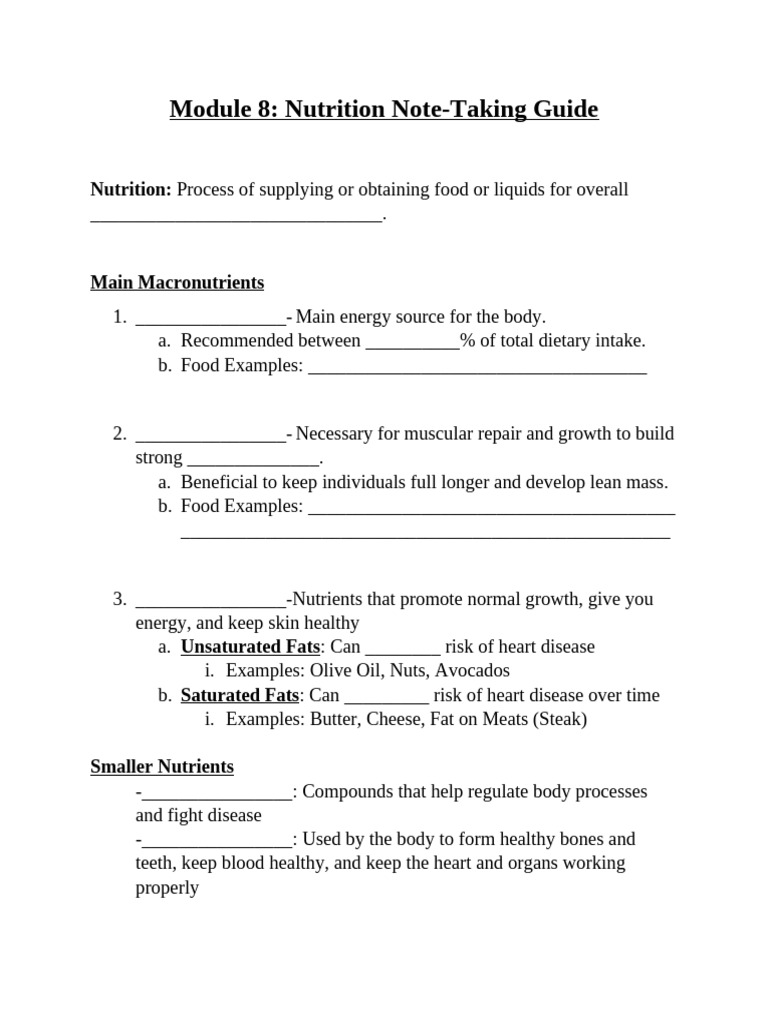 Module 8: Nutrition Note-Taking Guide | PDF