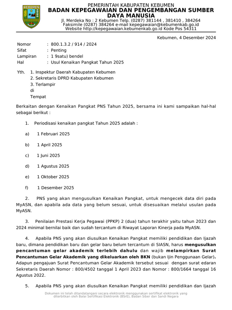 Surat Edaran usulan Kenaikan Pangkat 2025 | PDF