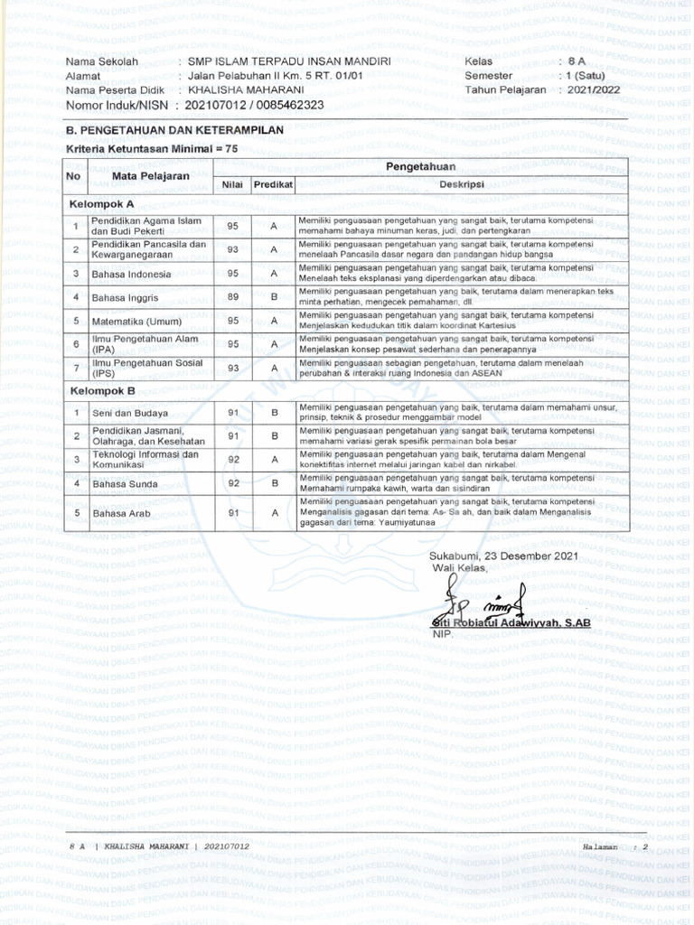 Lampiran Nilai Raport Kelas 8A Semester1 Khalisha Maharani | PDF