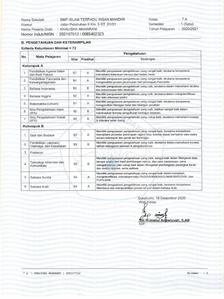 Lampiran Nilai Raport Kelas 7A Semester1 Khalisha Maharani | PDF