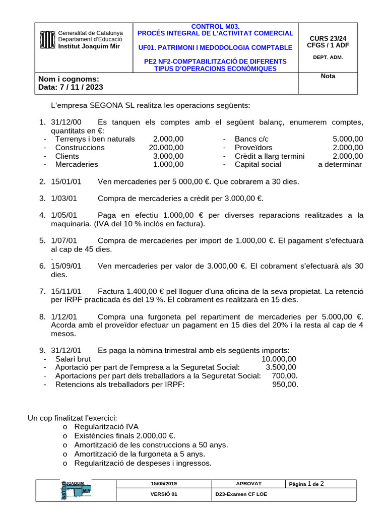 PE2 NF2 Examen UF01 M03 1ADF C2324 | PDF